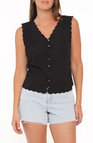 PETAL & PUP Sleeveless V-neck Button-up Cotton Shirt With Lace Trim - Black