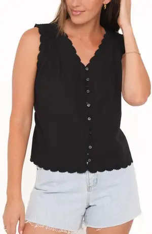 PETAL & PUP Sleeveless V-neck Button-up Cotton Shirt With Lace Trim