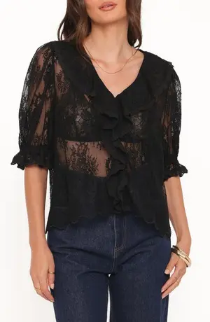 PETAL & PUP Lace Ruffle V-neck Top - Black