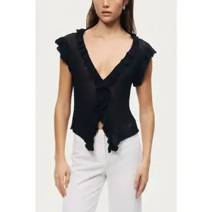 NOCTURNE Ruffled V-neck Sheer Blouse