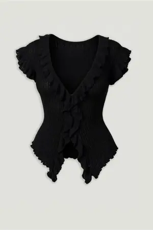 NOCTURNE Ruffled V-neck Sheer Blouse