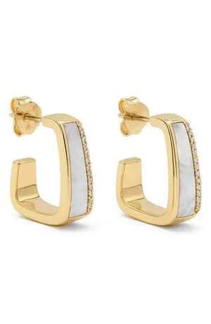 Argento Vivo Mother-of-pearl And Cubic Zirconia Angular Huggie Hoop Earrings In 18k Plate - Gold