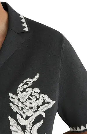 REISS Folia Floral Embroidered Knit Camp Shirt - Anthracite Grey