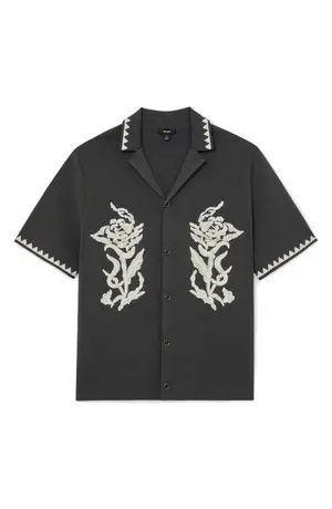 REISS Folia Floral Embroidered Knit Camp Shirt - Anthracite Grey