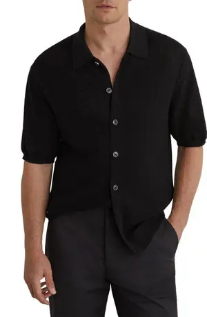 REISS Phoenix Chevron Knit Button-up Shirt - Black