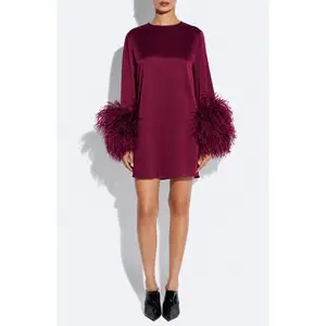 Lapointe Feather Trimmed Satin Mini Dress - Berry