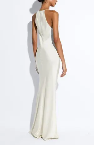 Lapointe Satin Halter Gown With Feathers