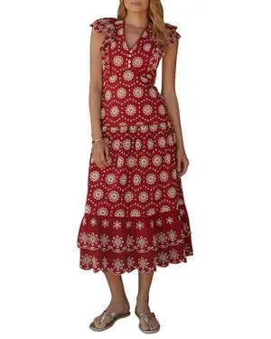 Mint Velvet Cotton Broderie Drop Waist Midi Dress - Red