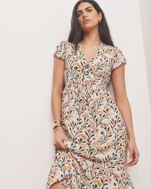 Mint Velvet Floral Print V-neck Midi Dress - Orange