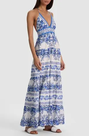 Alice + Olivia Karolina Print Cotton Halter Maxi Dress