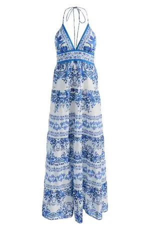 Alice + Olivia Karolina Print Cotton Halter Maxi Dress