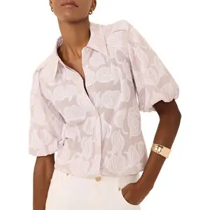 Mint Velvet Cotton Jacquard Puff Sleeve Shirt - Neutral
