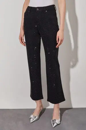 Ming Wang Crystal Front Flared Ankle Jeans