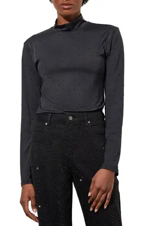 Ming Wang Crystal Embellished Mock Neck Top - Black