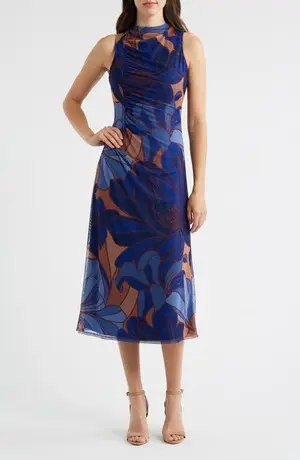 Vince Camuto Ruched Sleeveless Mesh Midi Dress - Blue Multi