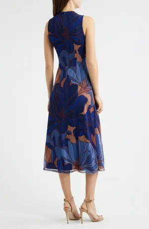 Vince Camuto Floral Print Ruched Mesh Midi Dress