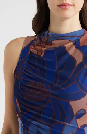 Vince Camuto Floral Print Ruched Mesh Midi Dress