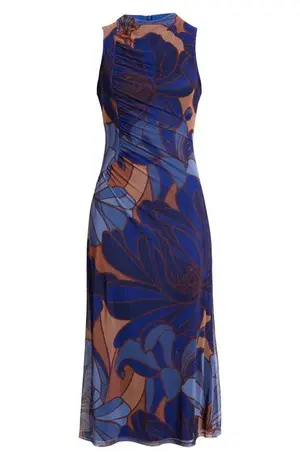 Vince Camuto Floral Print Ruched Mesh Midi Dress