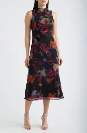 Vince Camuto Ruched Floral Print Cocktail Dress - Black Multi