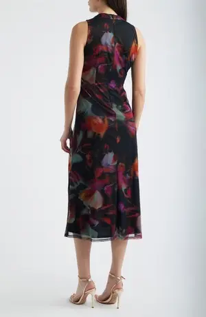 Vince Camuto Sleeveless Mock Neck Ruched Floral Print Dress