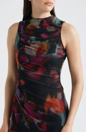 Vince Camuto Sleeveless Mock Neck Ruched Floral Print Dress