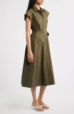 Eliza J Cotton Trapunto Stitch Belted Midi Shirtdress