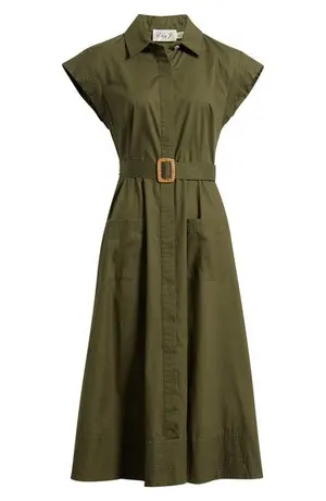 Eliza J Cotton Trapunto Stitch Belted Midi Shirtdress