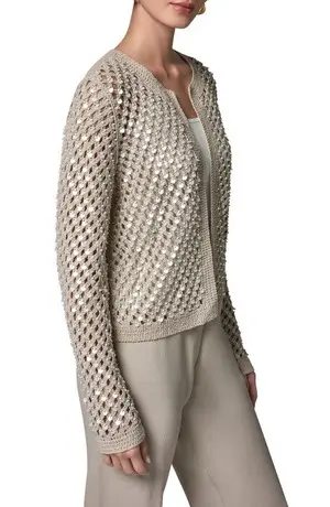 Donna Karan New York Open Knit Cardigan With Pearl And Sequin Embellishments