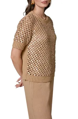 Donna Karan New York Pearl Embellished Short Sleeve Sweater