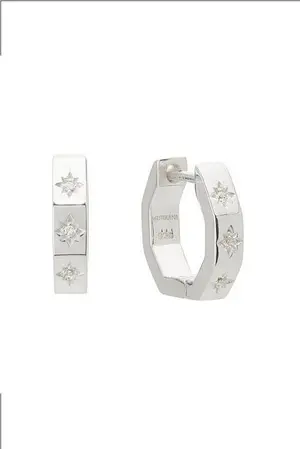 MURKANI 12mm Octagonal Star Etched Huggies With White Topaz - Silver