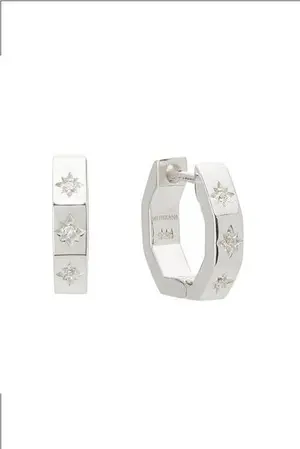 MURKANI 12mm Octagonal Star Etched Huggies With White Topaz - Silver