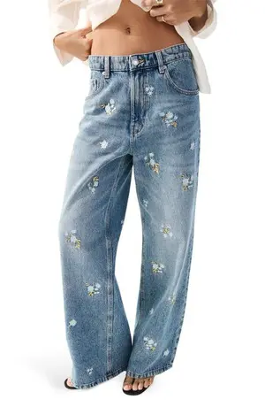 Mango Floral Embroidered Straight Leg Jeans - Medium Blue