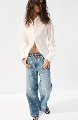 Mango Floral Embroidered Straight Leg Jeans