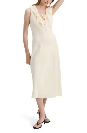 Mango Ruffled Lace Trim V-neck Midi Dress