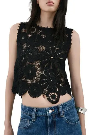 Mango Crochet Tank Top With Keyhole Back - Black
