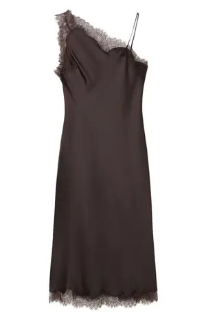 Mango Lace Trim One-shoulder Satin Slipdress - Chocolate