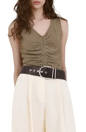 Mango Micro Check Ruched V-neck Sleeveless Top - Khaki
