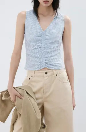 Mango Micro Check Ruched V-neck Sleeveless Top - Sky Blue