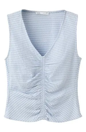 Mango Micro Check Ruched V-neck Sleeveless Top - Sky Blue