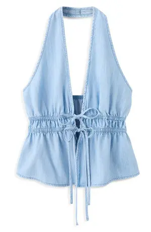 Mango Eva Tie Front Halter Denim Top
