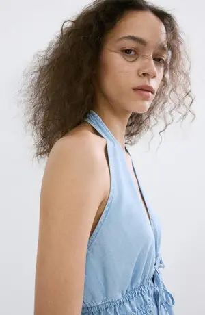 Mango Eva Tie Front Halter Denim Top