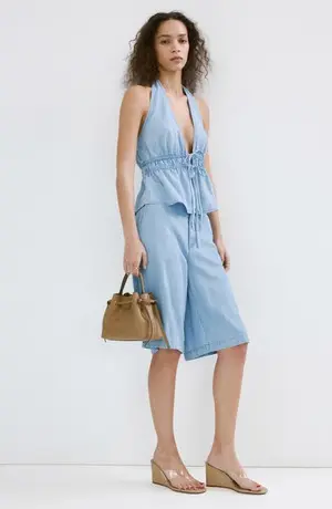 Mango Eva Tie Front Halter Denim Top