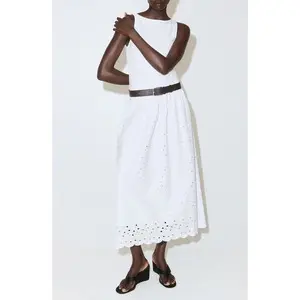 Mango Openwork Embroidered Stretch Cotton Midi Dress - White