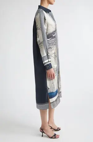 Max Mara Mariner Print Silk Midi Shirtdress