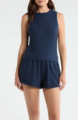 Lunya Stretch Organic Cotton Seersucker Lounge Tank - Deep Blue