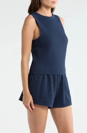 Lunya Stretch Organic Cotton Seersucker Lounge Tank - Deep Blue