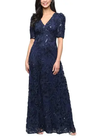 Alex Evenings Empire Waist Sequin Soutache Gown - Navy
