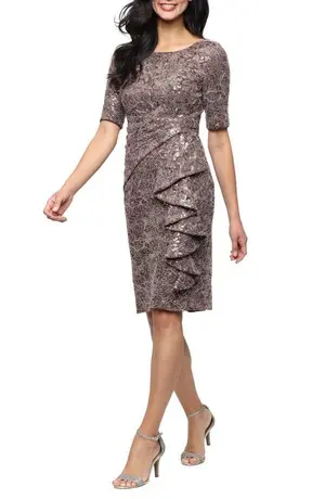 Alex Evenings Sequin Lace Sheath Cocktail Dress - Mocha