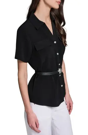 Karl Lagerfeld Paris Short Sleeve Belted Shirt With Rose Detail - Black
