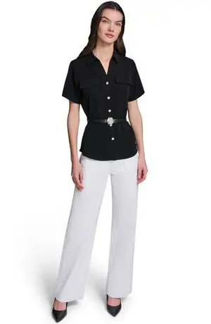 Karl Lagerfeld Paris Short Sleeve Belted Shirt With Rose Detail - Black